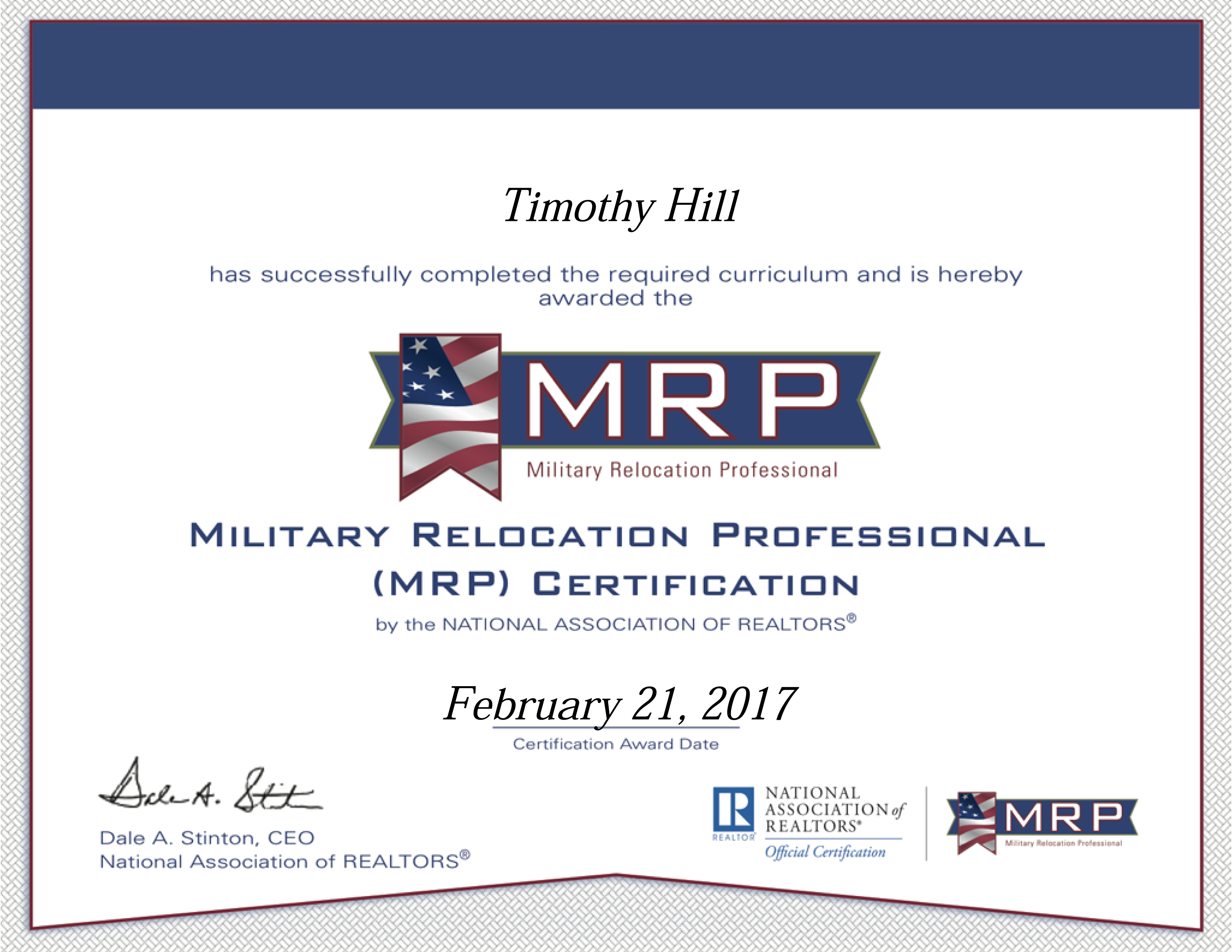 Timothy Hill Earns NAR’s Military Relocation Professional Certification | LRE's Expert Real ...